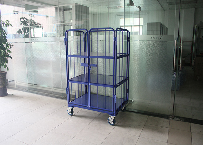 3 Tiers Steel Foldable Wire Mesh Cage , Mobile Storage Cages For Logistics